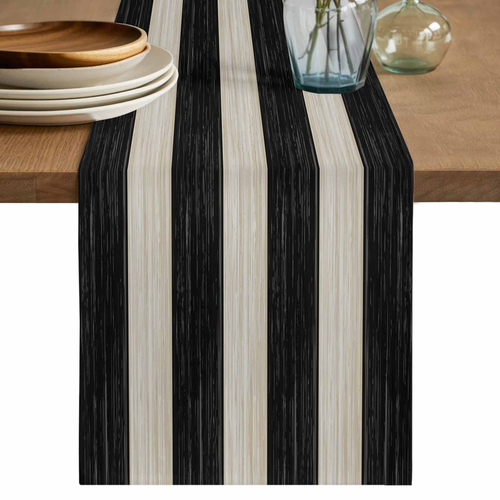 Black White Striped Cotton Linen Table Runner for Dining Kitchen ...