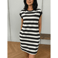 Black & White Striped Crew Neck T-Shirt Dress, Lightweight Polyester ...