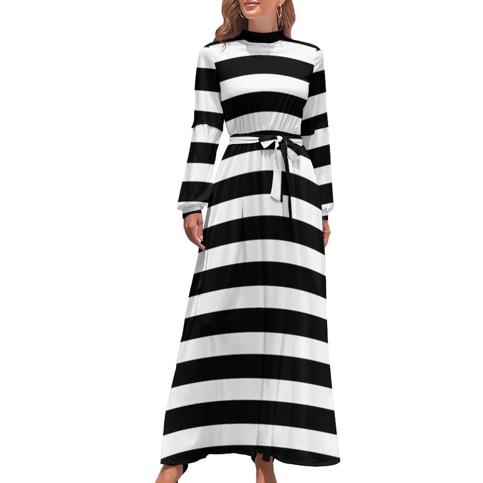 Black White Striped Dress High Neck Vertical Stripes Graphic Bohemia ...