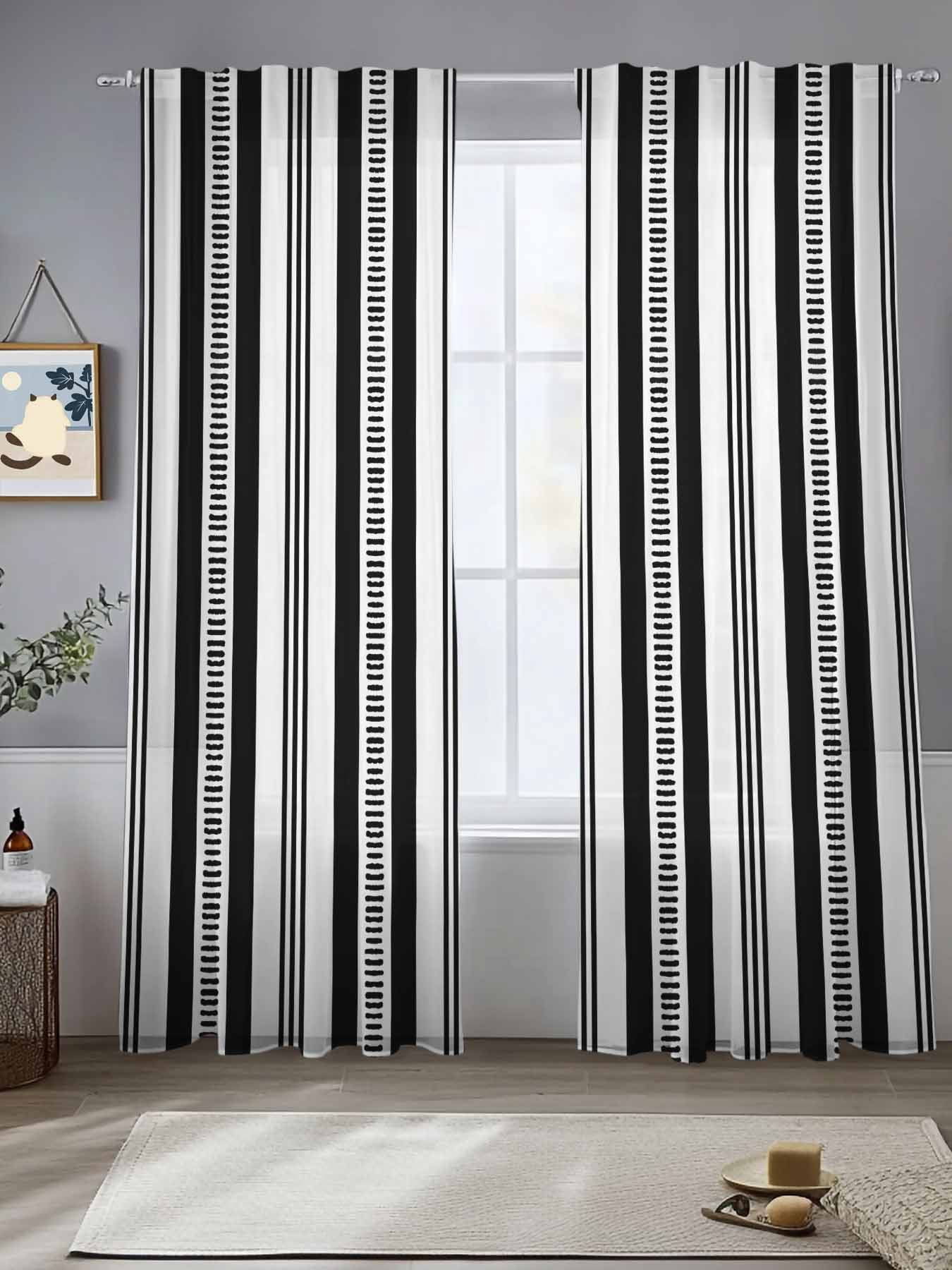 Black and White Striped Geometric Chiffon Sheer Curtains 84 Inches Long ...