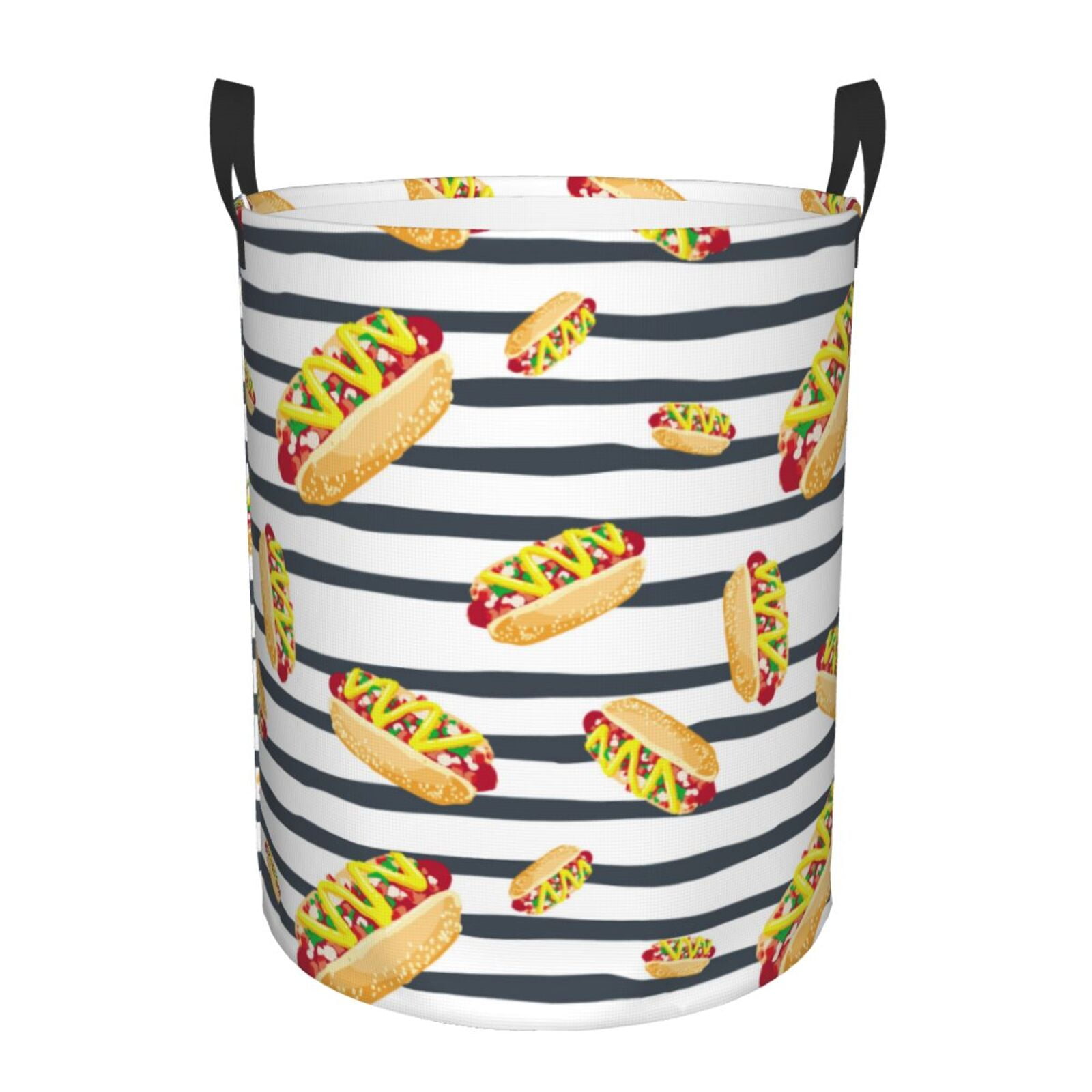 Black White Striped Hot Dog Print Round Laundry Basket, Laundry Hamper ...