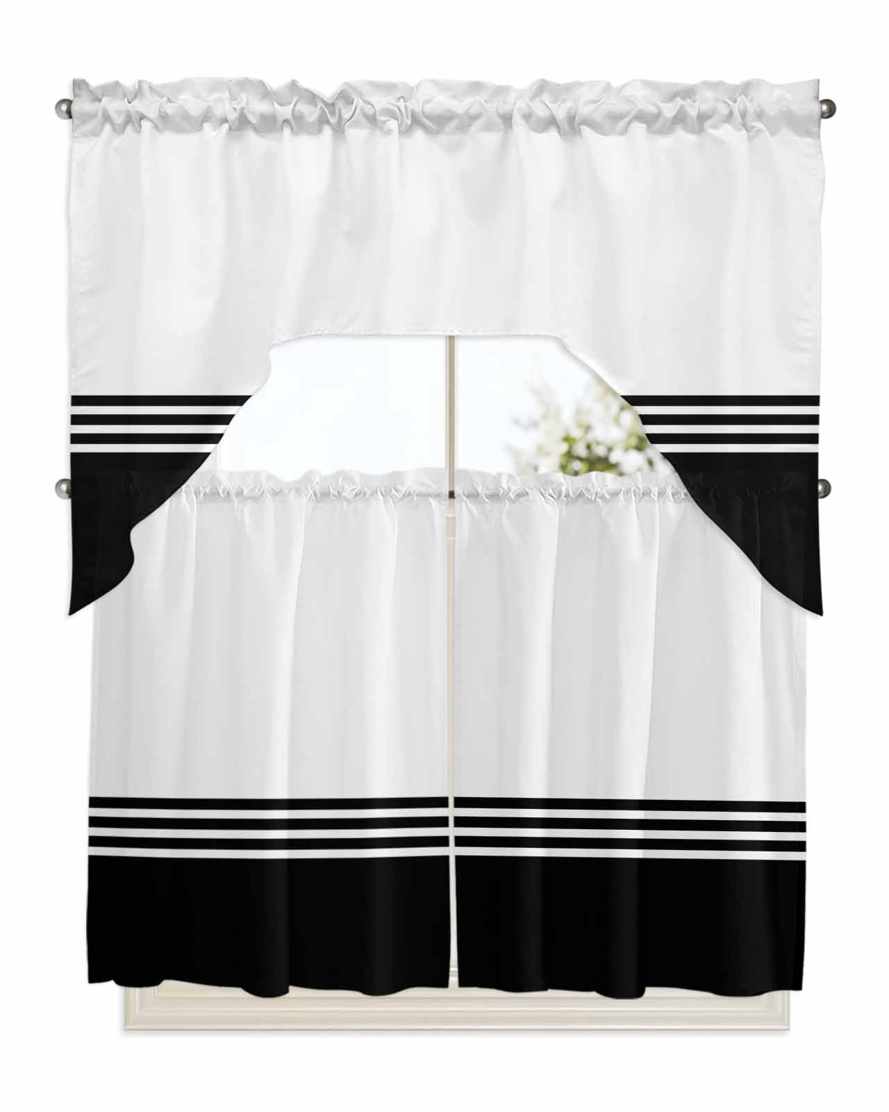 Black White Striped Kitchen Curtains Swag Valance and Tier Curtains Set ...
