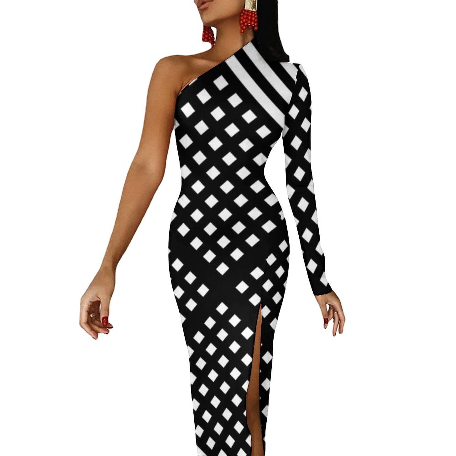 Black White Striped Maxi Dress One Shoulder Vertical Stripes Aesthetic ...