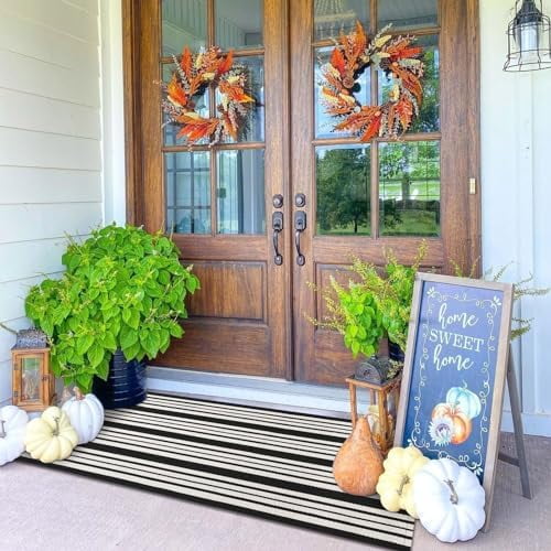 Black and White Striped Porch Runner Rug 2x4.3 Ft Washable Outdoor Rug ...