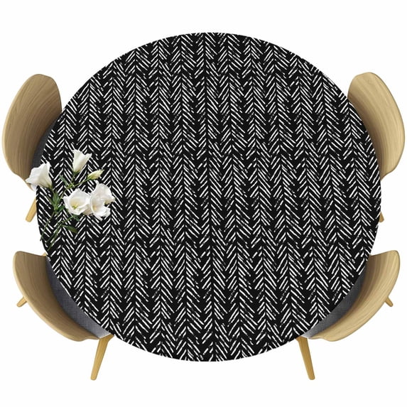Black White Striped Round Tablecloth, Fitted Table Cover with Elastic ...