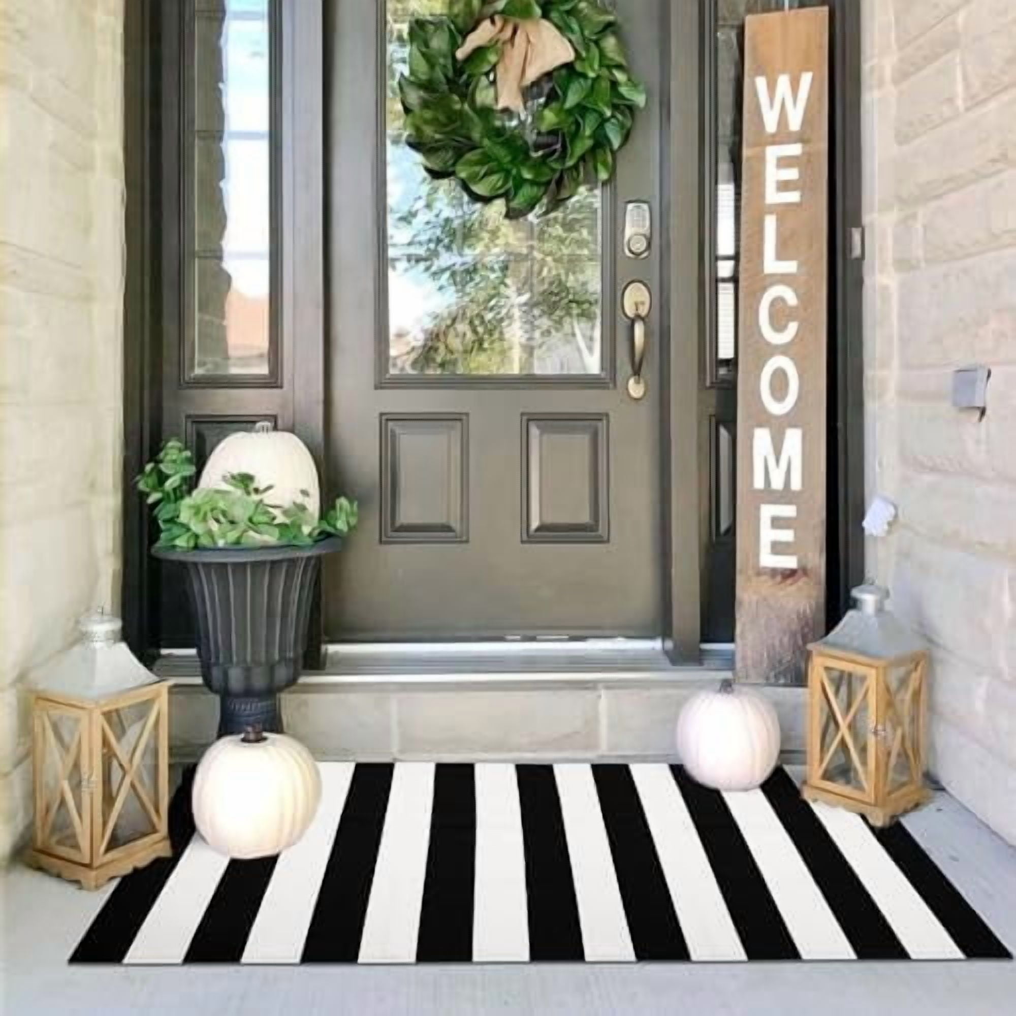 Black White Striped Rug -2x4.3 Front Door Mats Outdoor,Washable Rug for ...
