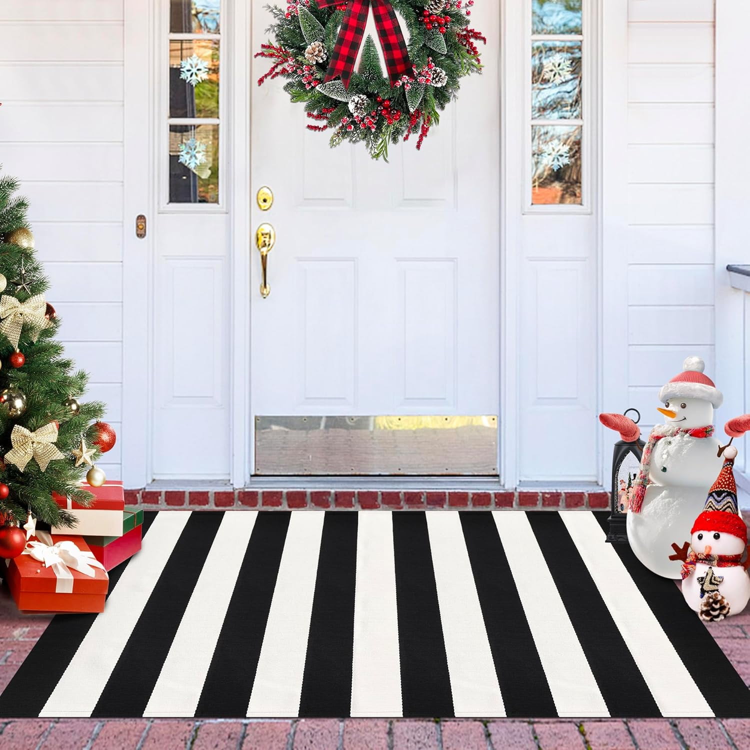 Black and White Striped Rug 3x5 Front Door Mat Cotton Woven Rug Front ...