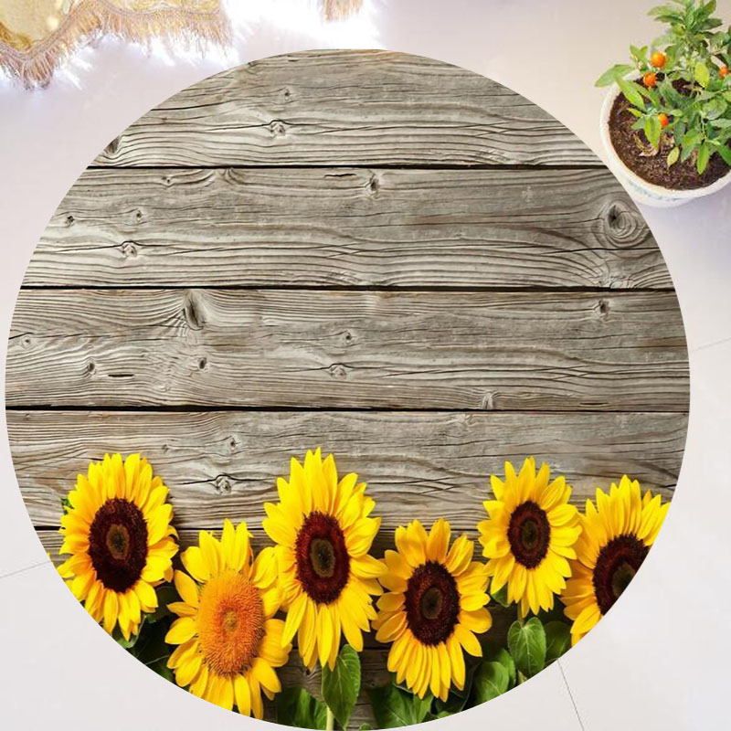 Black White Striped Sunflowers Blossom Floral Round Rug Carpets for ...