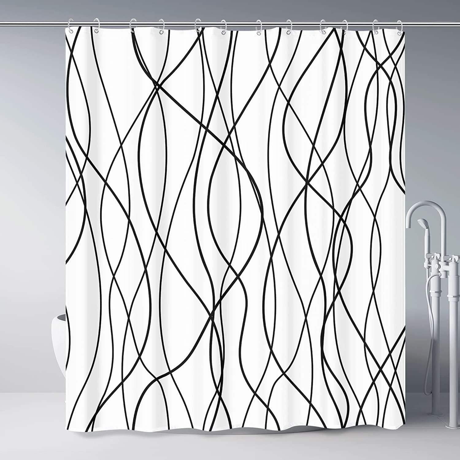 Black and White Striped Wavy Line Fabric Shower Curtain for Bathroom ...