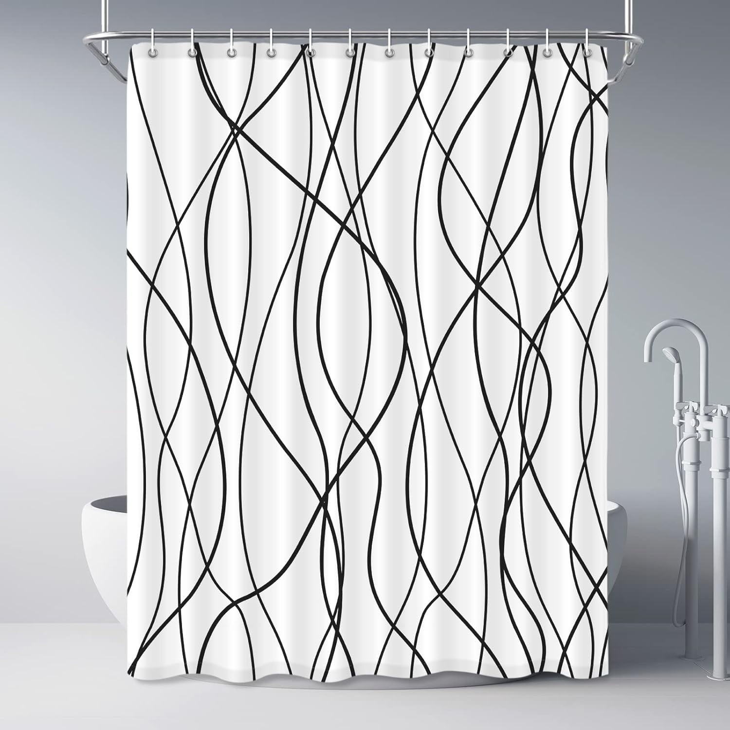 Black and White Striped Wavy Line Fabric Shower Curtain for Bathroom ...