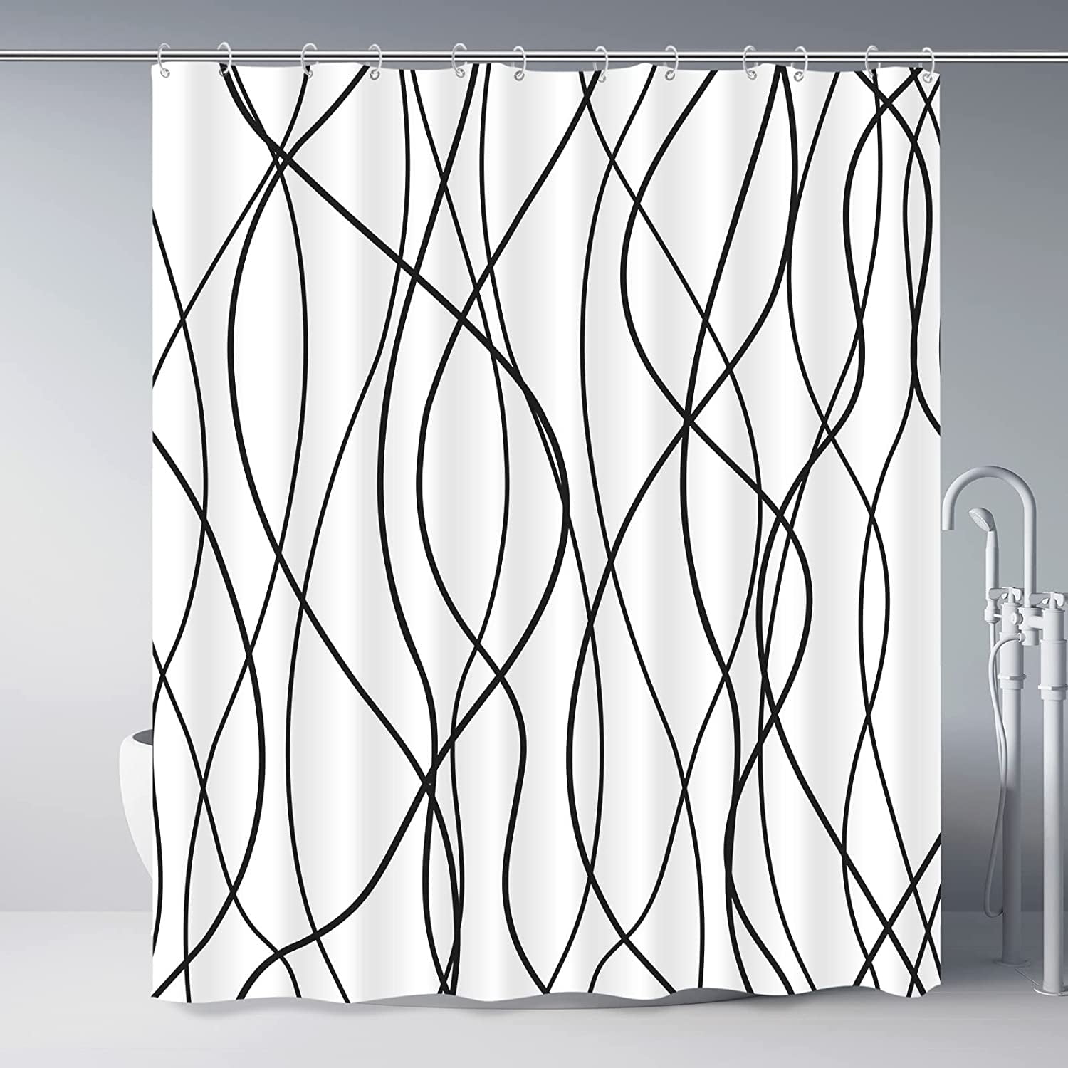 Black and White Striped Wavy Line Fabric Shower Curtain for Bathroom ...