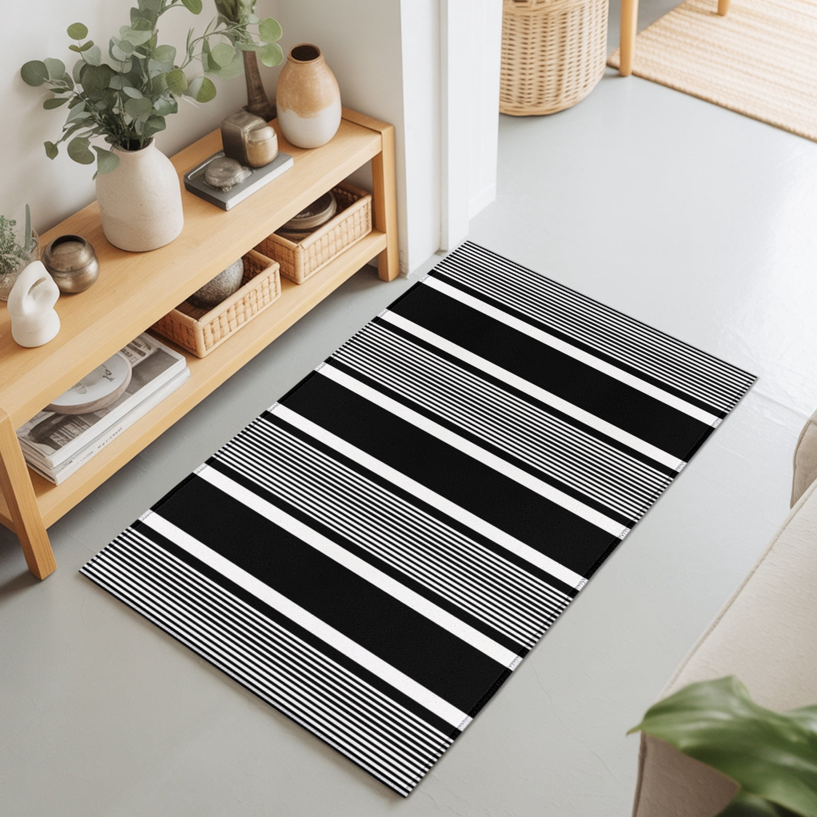 Black White Stripes 2'x3' Rug for Entryway Front Door Kitchen Sink Area ...