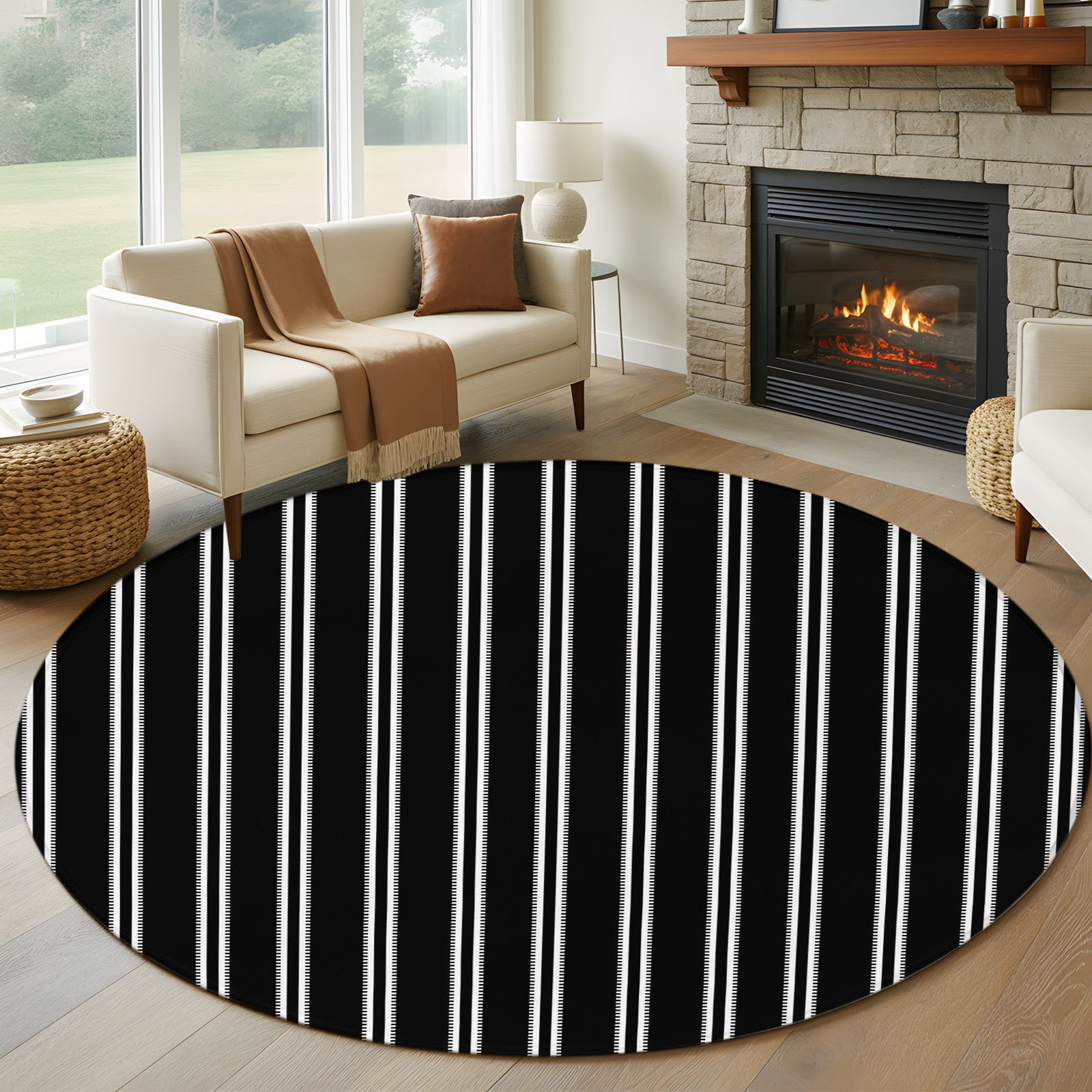 Black White Stripes 7FT Round Area Rugs for Living Room Modern Black ...