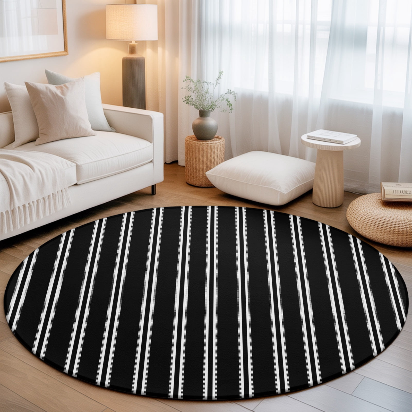 Black White Stripes 8' Round Rug for Open Concept Living Room Seating ...