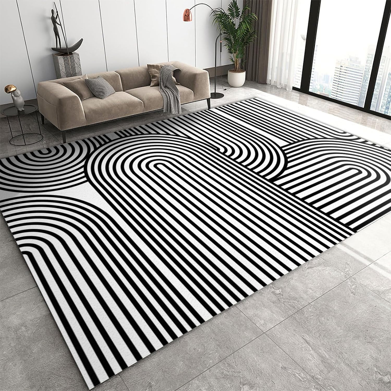 Black and White Stripes Area Rugs U-Shaped Lines Wavy Geometric Throw ...