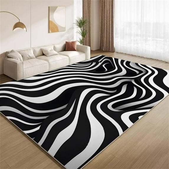Black White Stripes Area Rugs, Wavy Abstract Texture Carpet, Non Slip ...