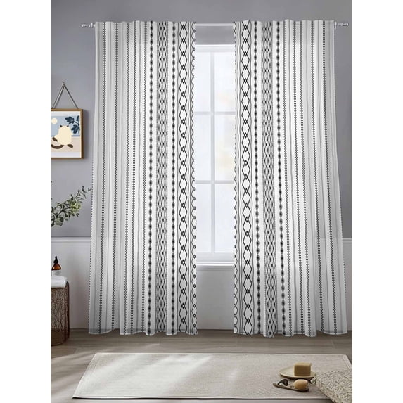 Black and White Stripes Boho Style Chiffon Sheer Curtains 84 Inches ...