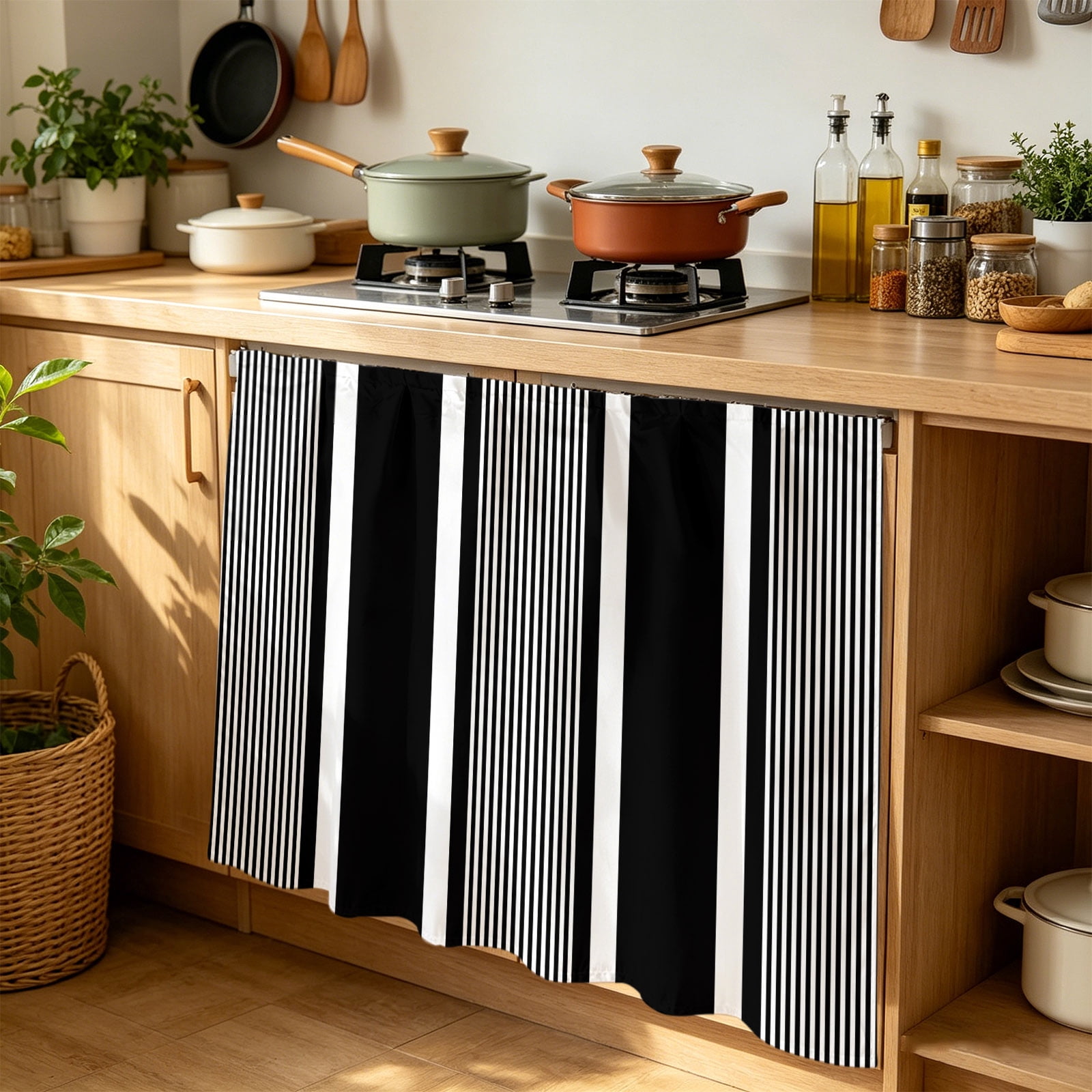 Black White Stripes Cabinet Curtains 35" W x 35" L, Lines Modern ...