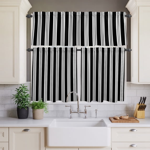 Black and White Stripes Curtain Tier and Valance Set 3 Piece,Modern ...