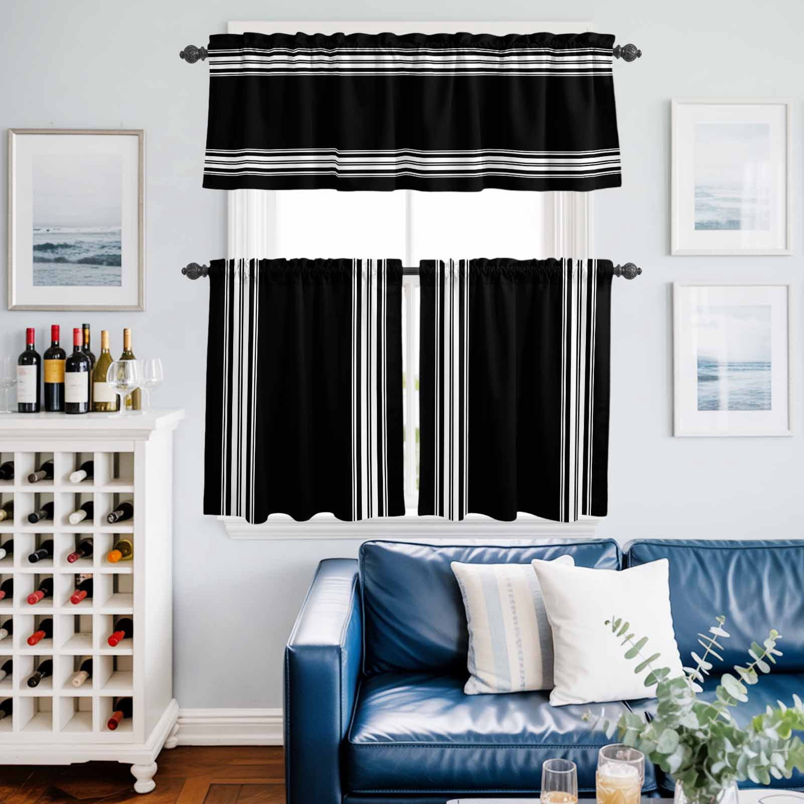 Black White Stripes Curtain Tier and Valance Set 3 Piece, Abstract ...