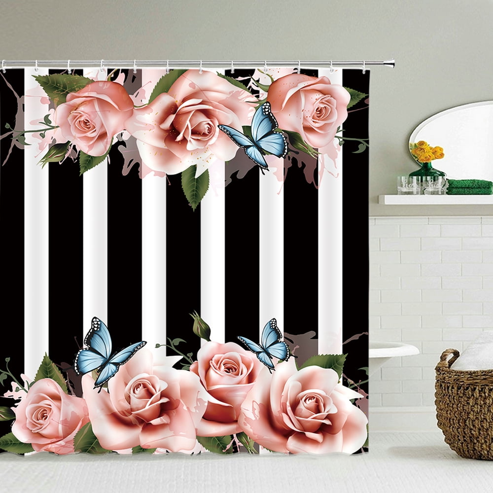 Black White Stripes Flowers Butterfly Pattern Shower Curtain 3D Bath ...