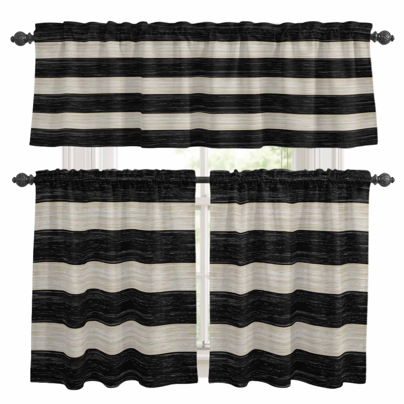 Black White Stripes Kitchen Curtains Set for Windows, Vintage Wood ...