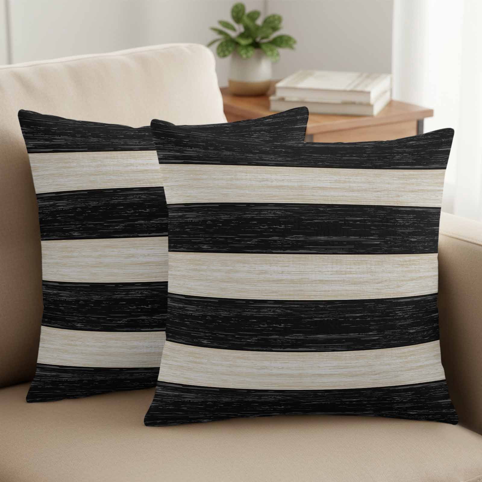 Black White Stripes Pillow Covers Set of 2, Vintage Wood Grain Abstract ...