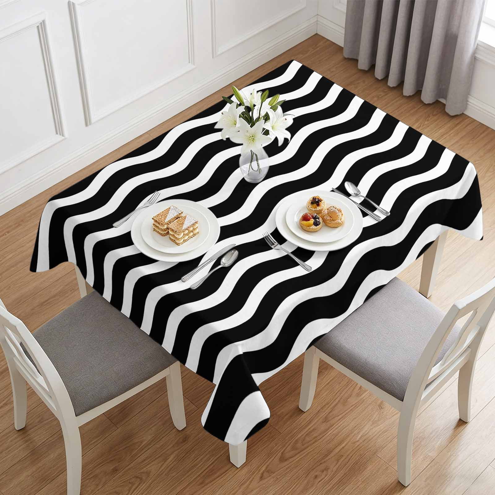 Black and White Stripes Ripple Table Cloth 60x84in, Waterproof ...