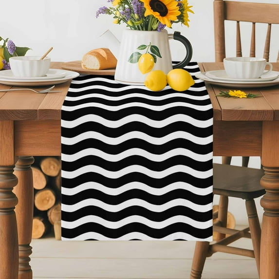 Black and White Stripes Ripple Table Runners 13x36 Inches Long Linen ...