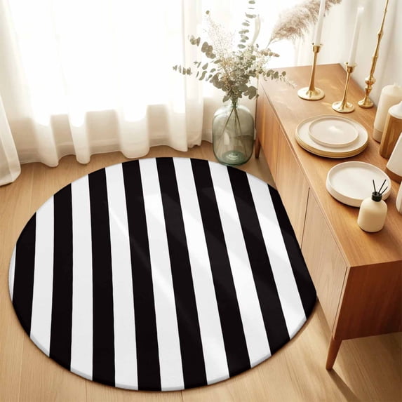 Black White Stripes Round Rug 3ft Classic Modern Striped Washable Area ...