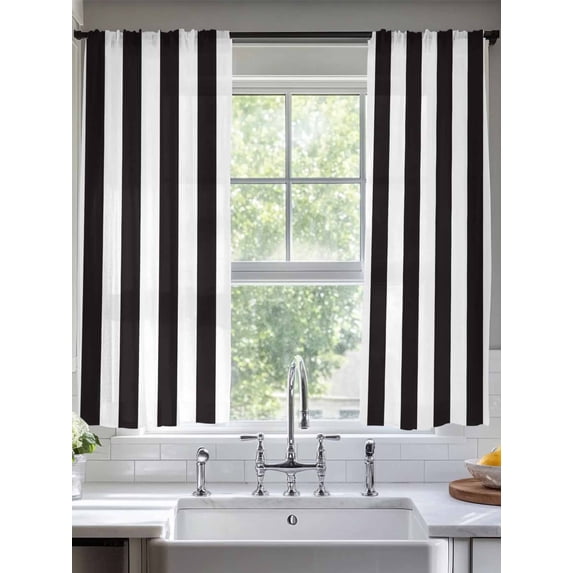 Black White Stripes Sheer Curtains 2 Panels Set Classic Modern Striped ...