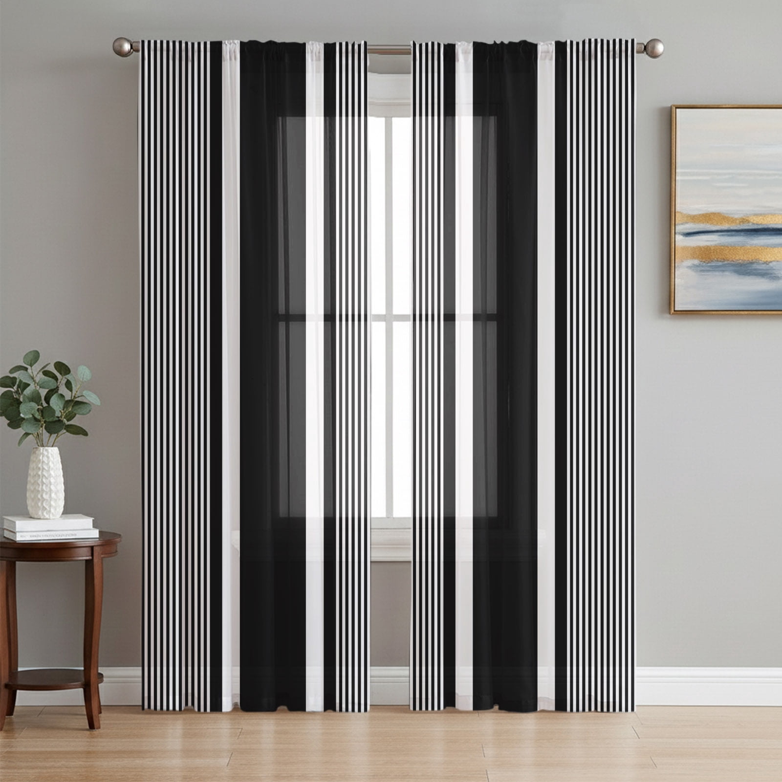 Black White Stripes Sheer Curtains for Living Room Bedroom, Lines ...