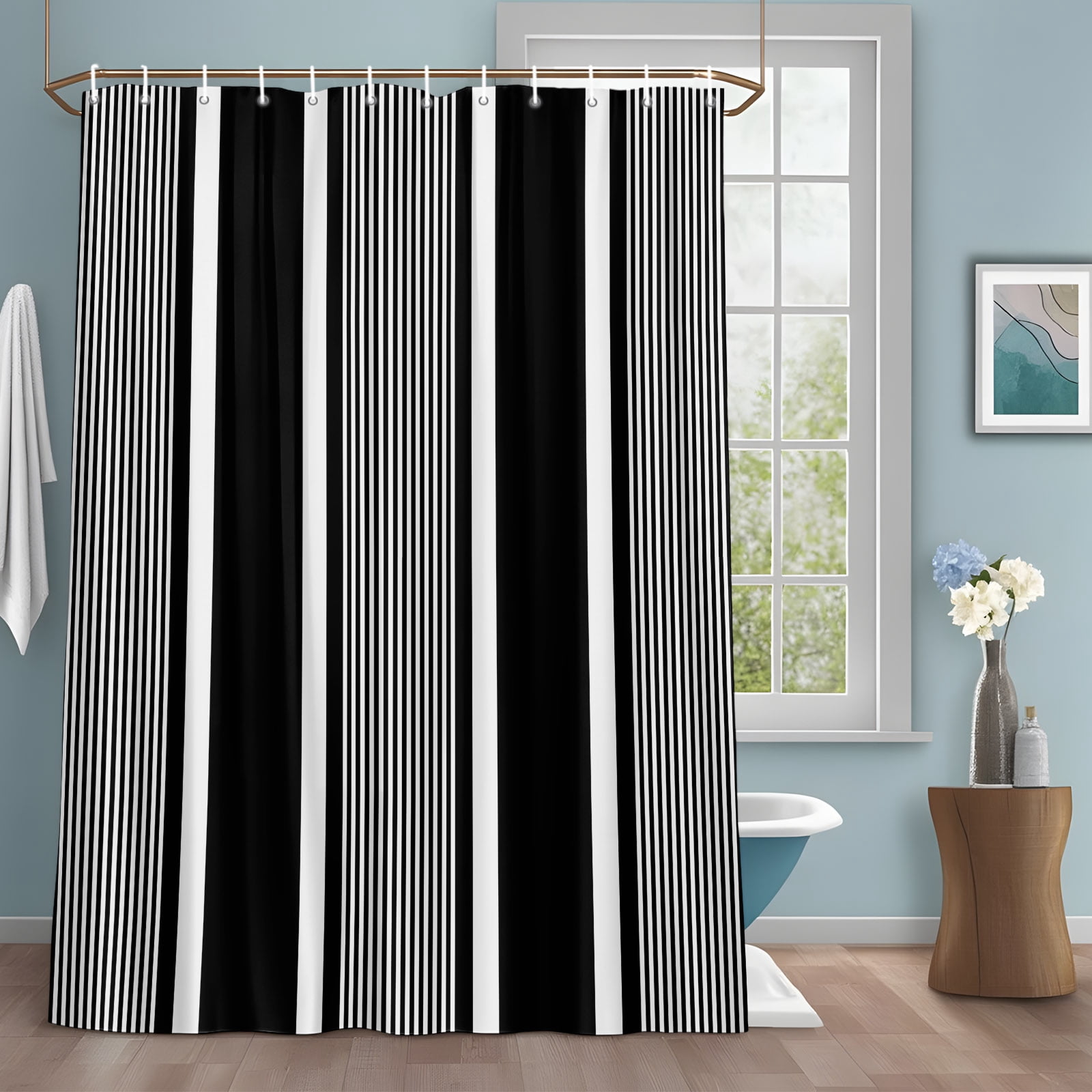 Black White Stripes Shower Curtain Set with Hooks, Lines Modern ...
