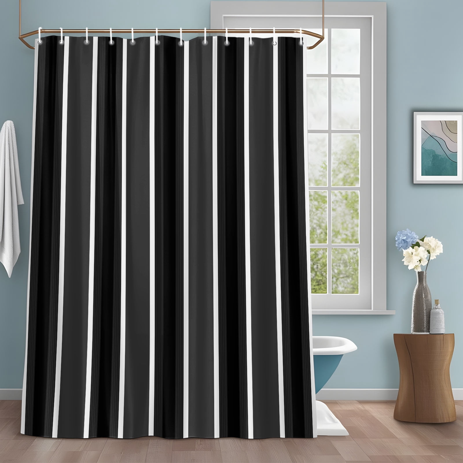 Black White Stripes Shower Curtain Set with Hooks, Modern Minimalist ...