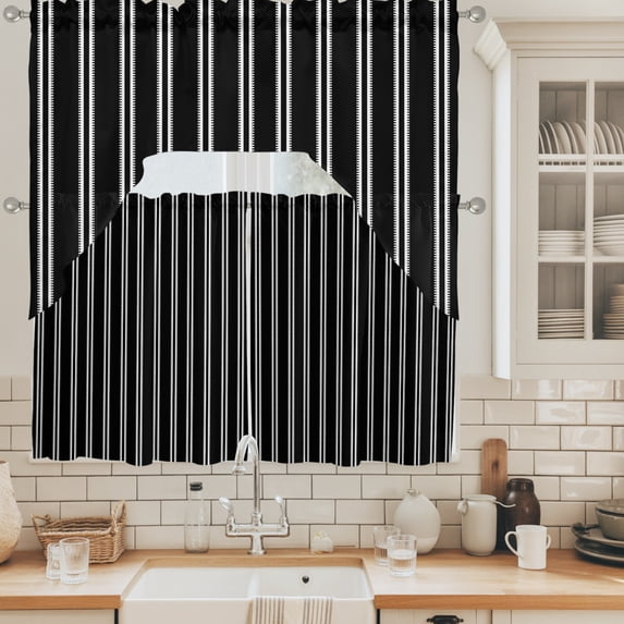 Black White Stripes Swag Curtains Valance and Tier Set, Modern Black ...
