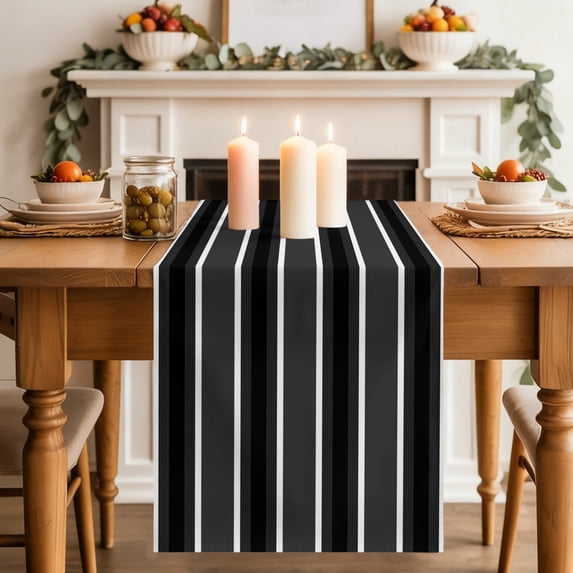 Black White Stripes Table Runner, Modern Minimalist Ink Lines Washable ...