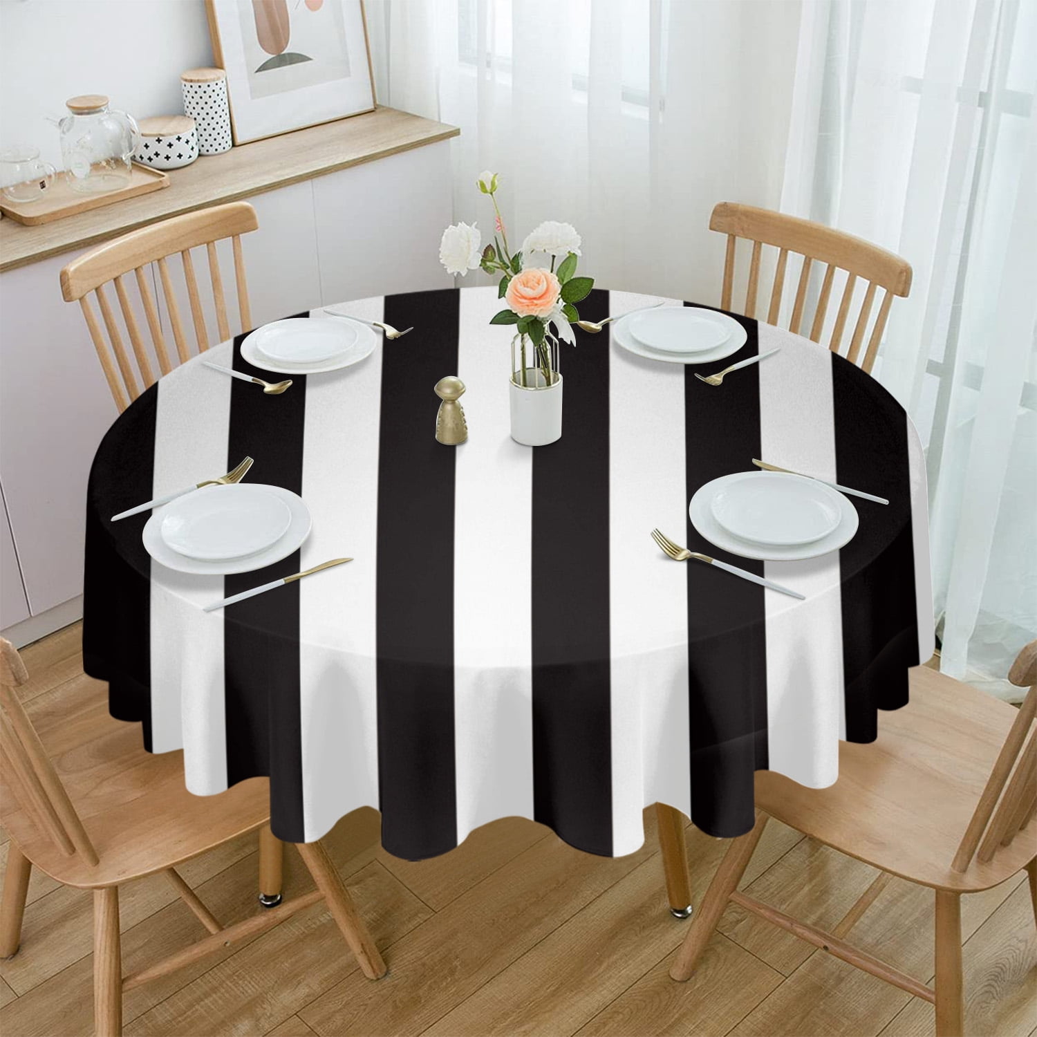 Black White Stripes Tablecloths for Dining Table Waterproof Round Table ...