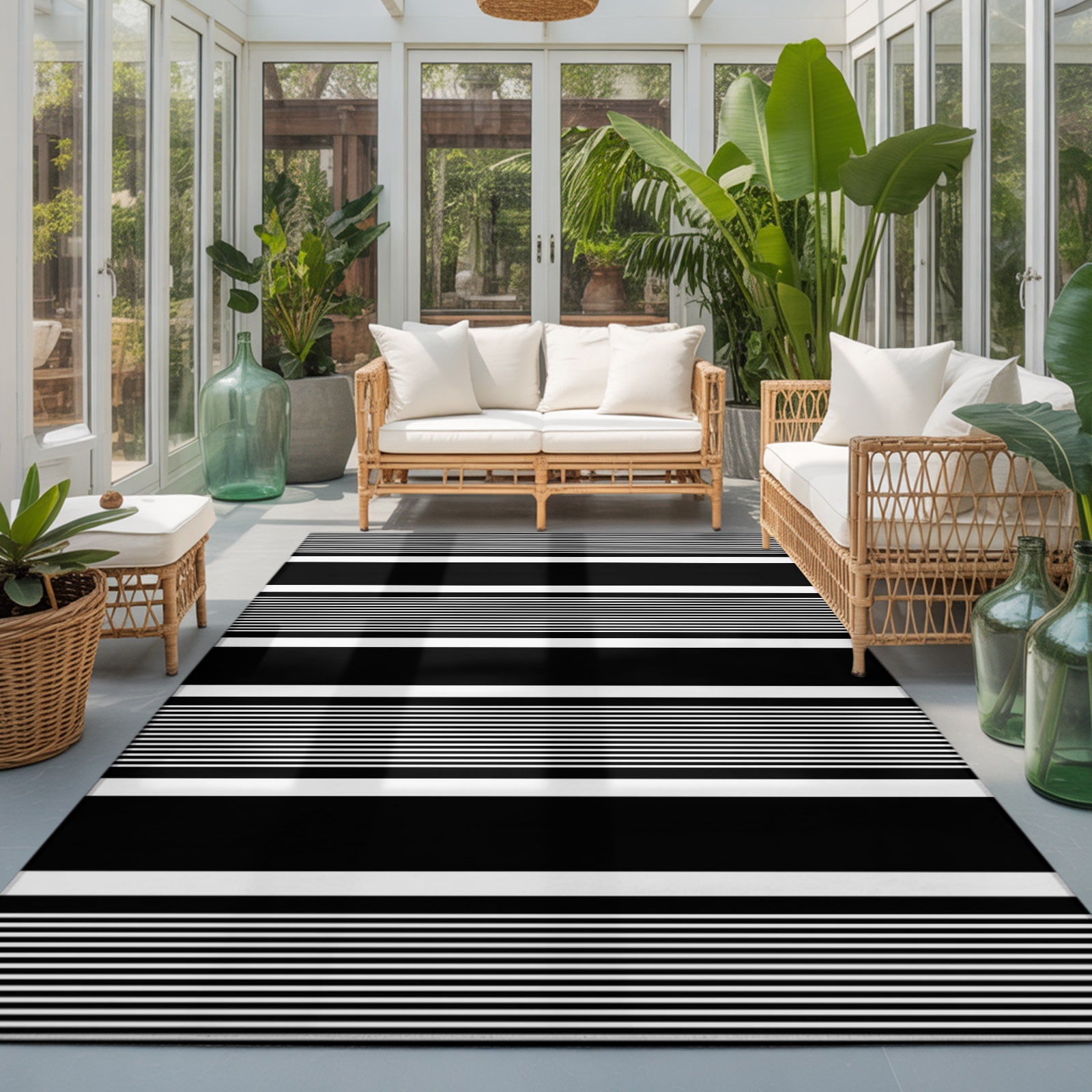 Black White Stripes Washable Living Room Rugs 5'x7', Lines Modern ...