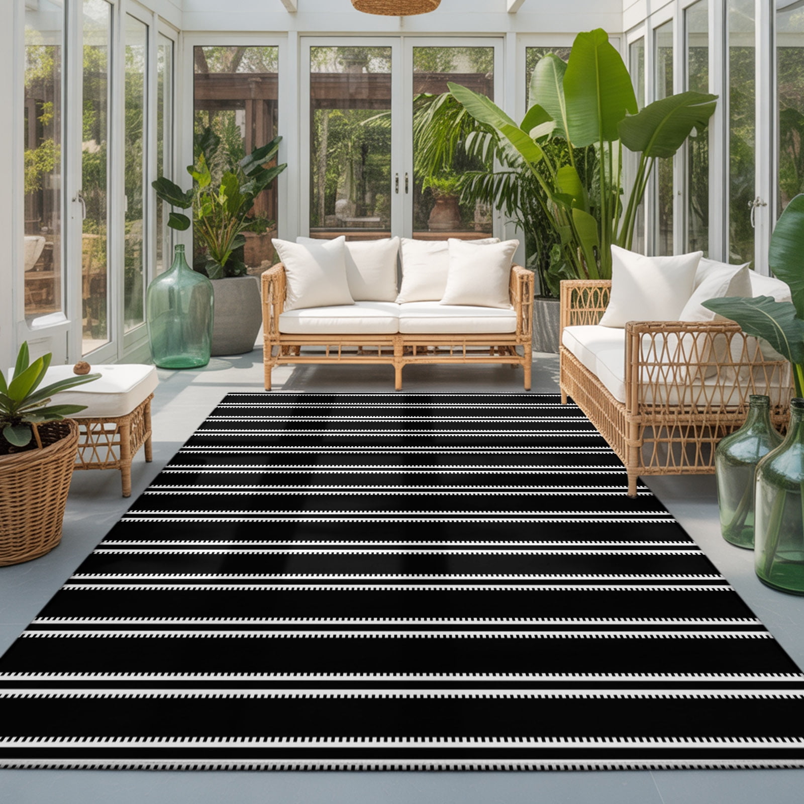Black White Stripes Washable Living Room Rugs 8'x10', Modern Black ...
