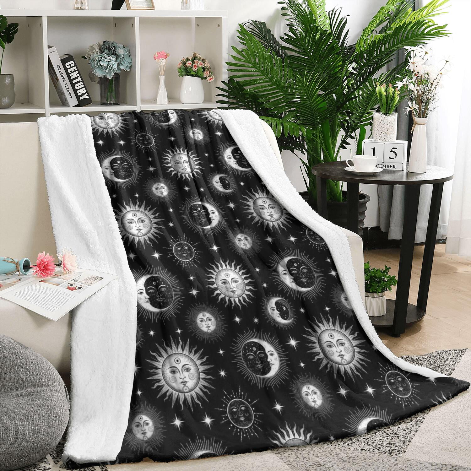 Black White Sun Moon Face Star Pattern Blanket,Comfortable Soft Flannel ...