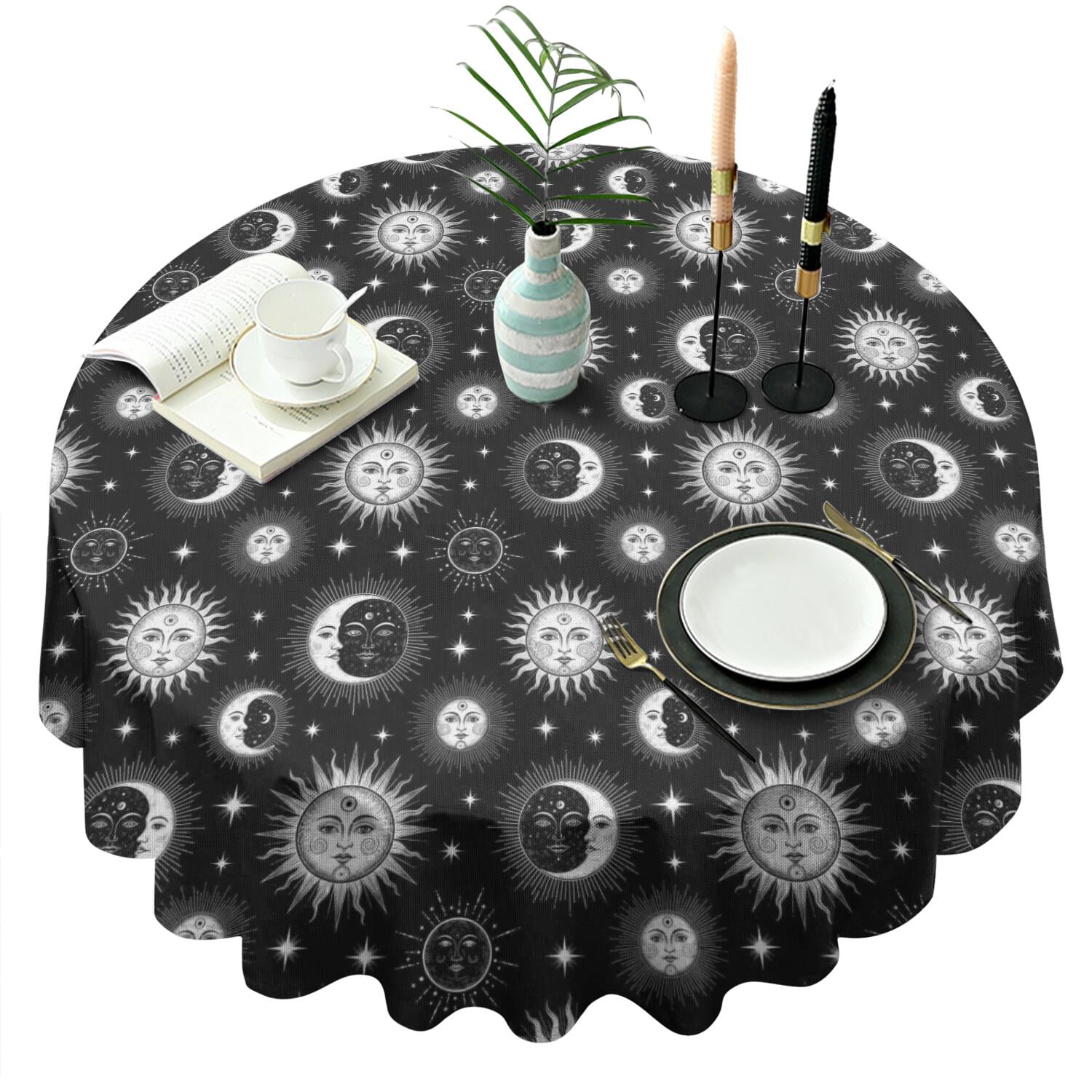 Black White Sun Moon Face Star Pattern Round Tablecloth 60"x60",Wrinkle ...