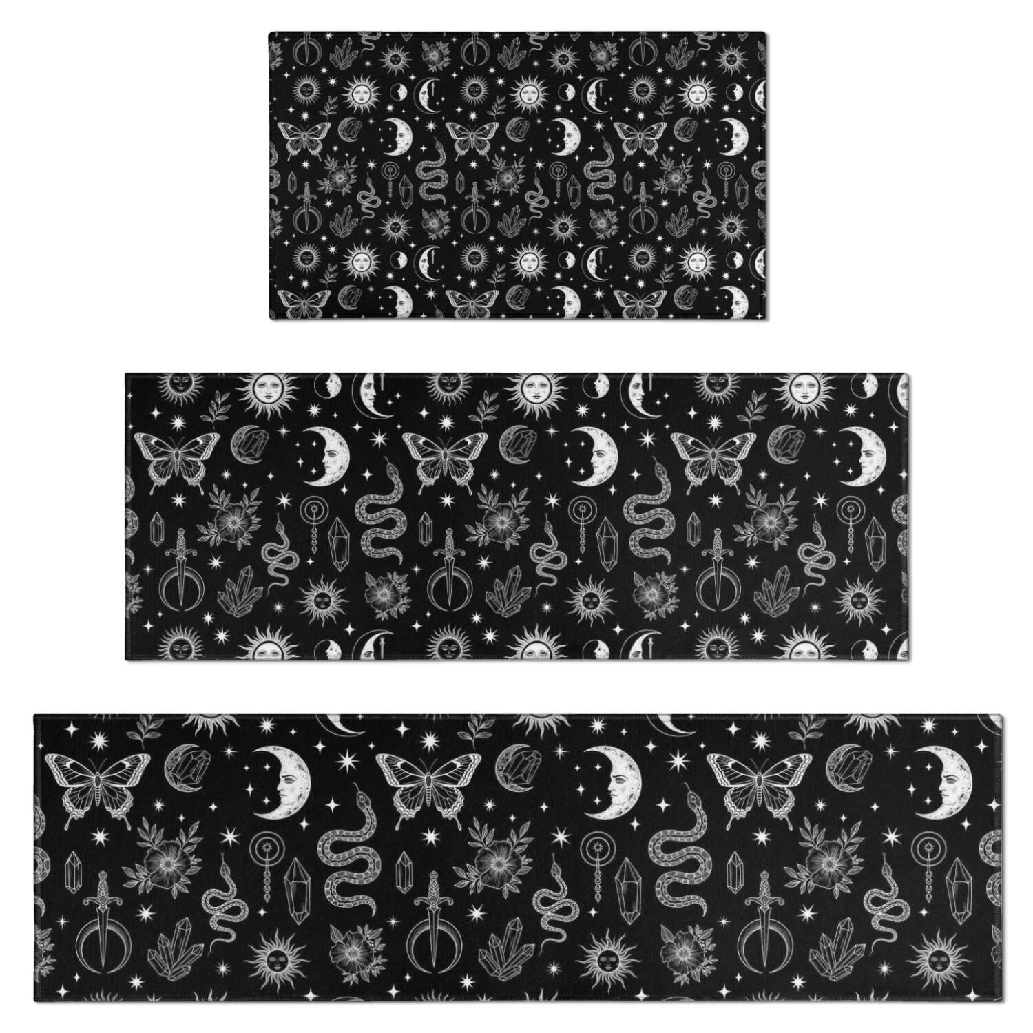 Black White Sun Moon Snake Butterfly Pattern Kitchen Rugs Sets Of 3 ...