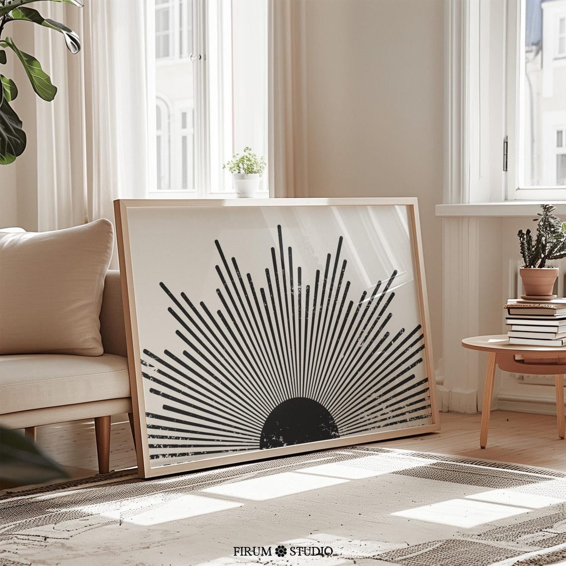 Black And White Sunburst Horizontalable Art Print, Mid Century Rising ...