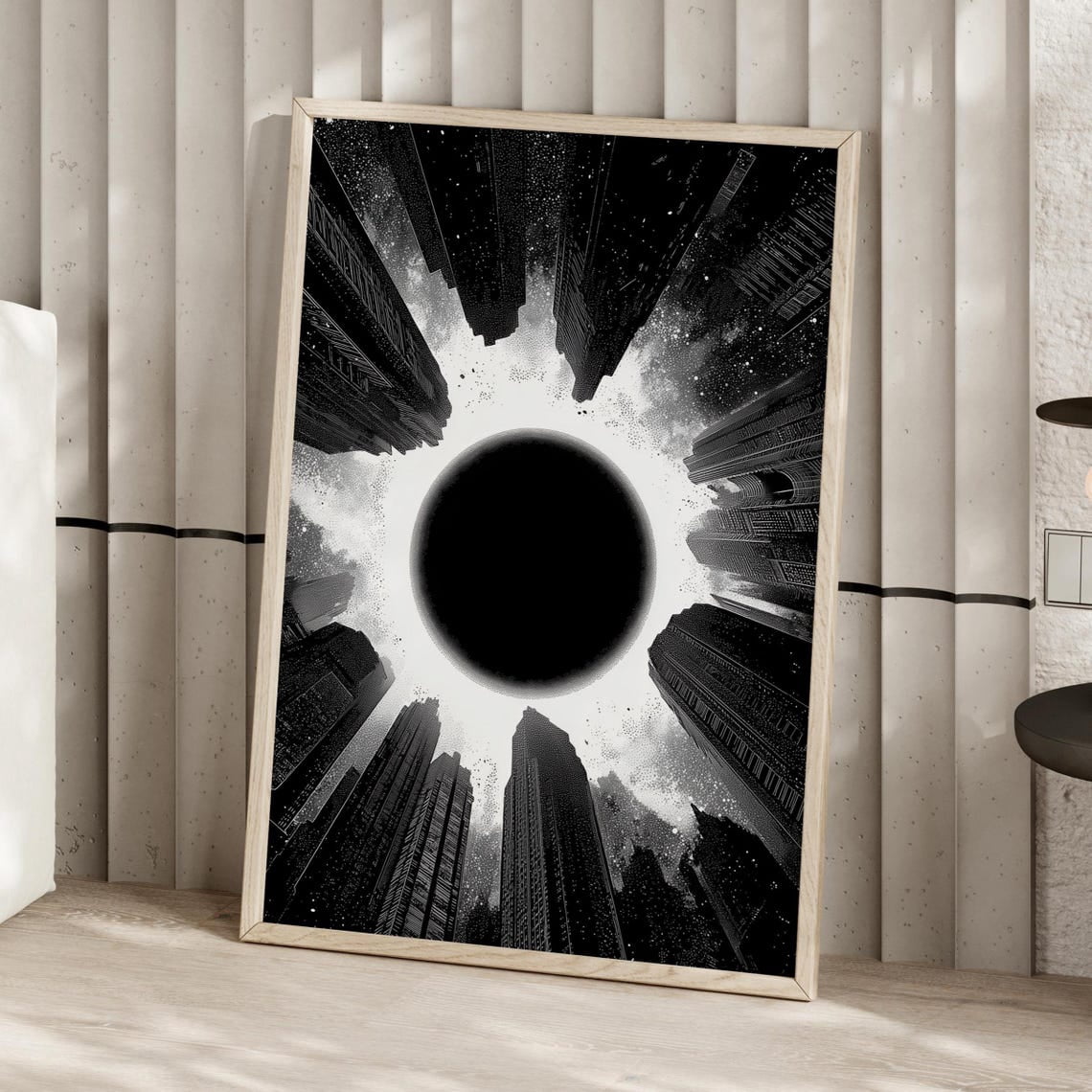 Black White Surreal Circular Skyscraper Cosmic Portal Cityscape Modern ...