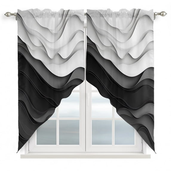 Black White Swag Curtain Valance for Small Windows, Gradient Ocean Wave ...