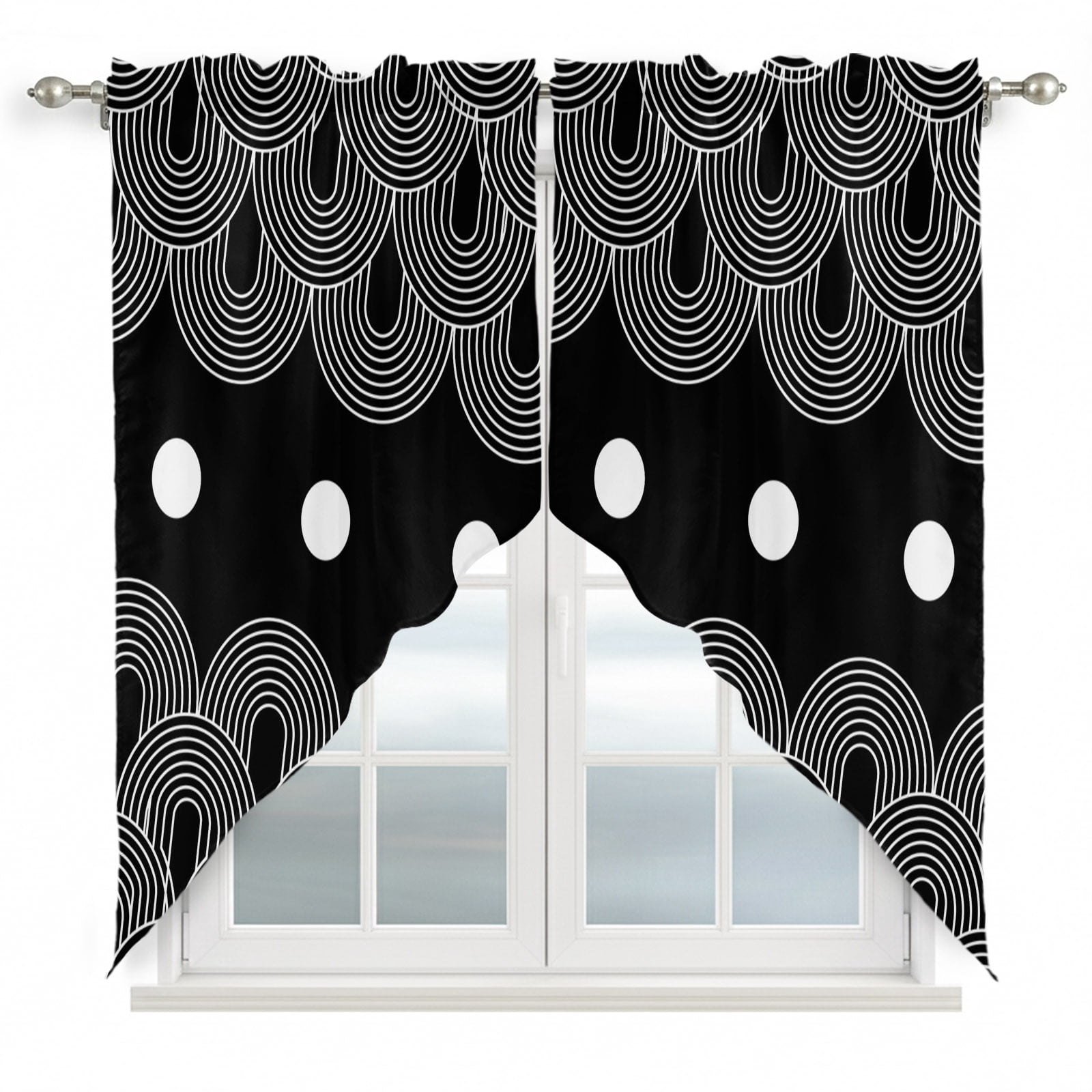 Black White Swag Curtain Valance for Window 2 Panels Abstract Line Boho ...