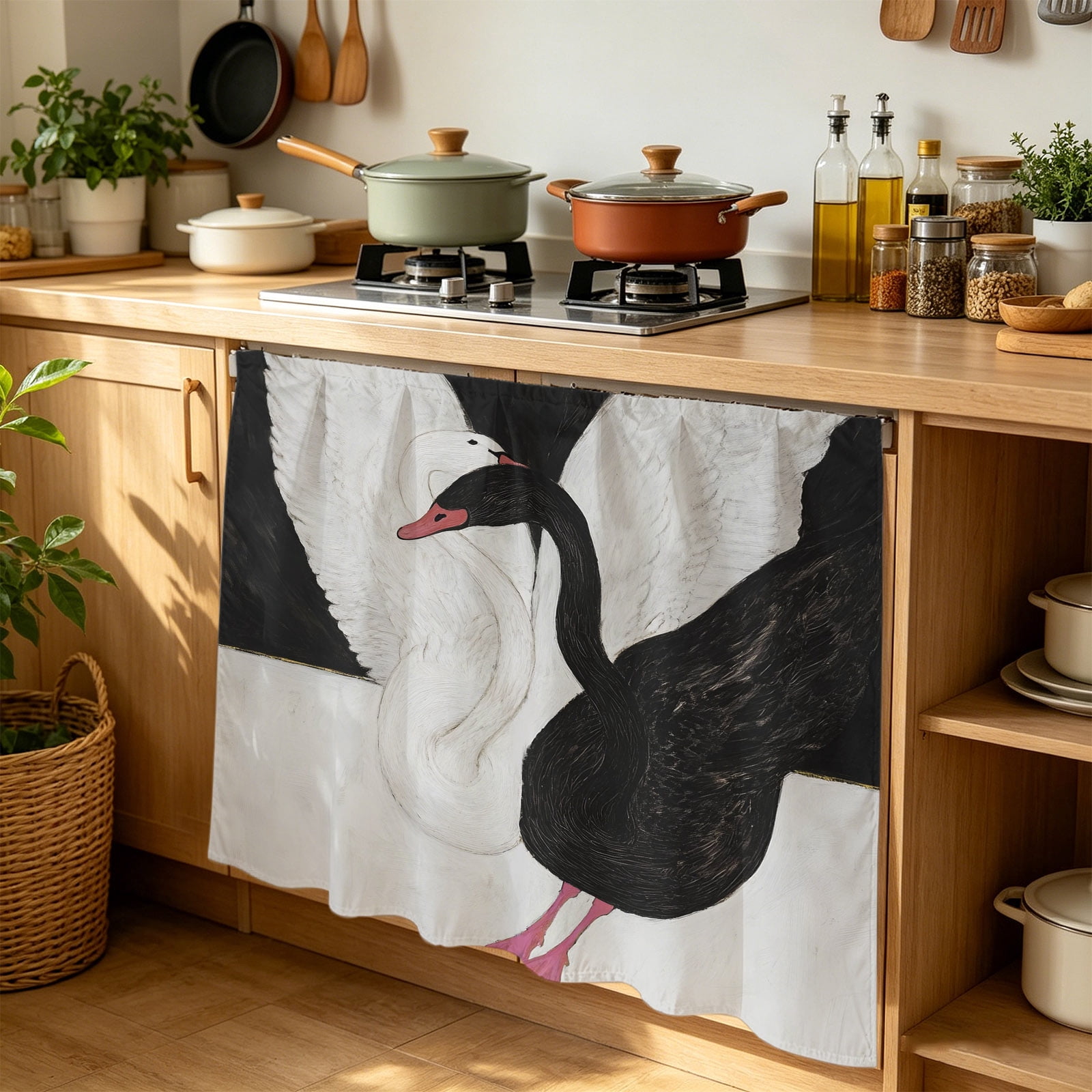 Black White Swan Cabinet Curtains 35" W x 35" L Vintage Romantic Swan ...