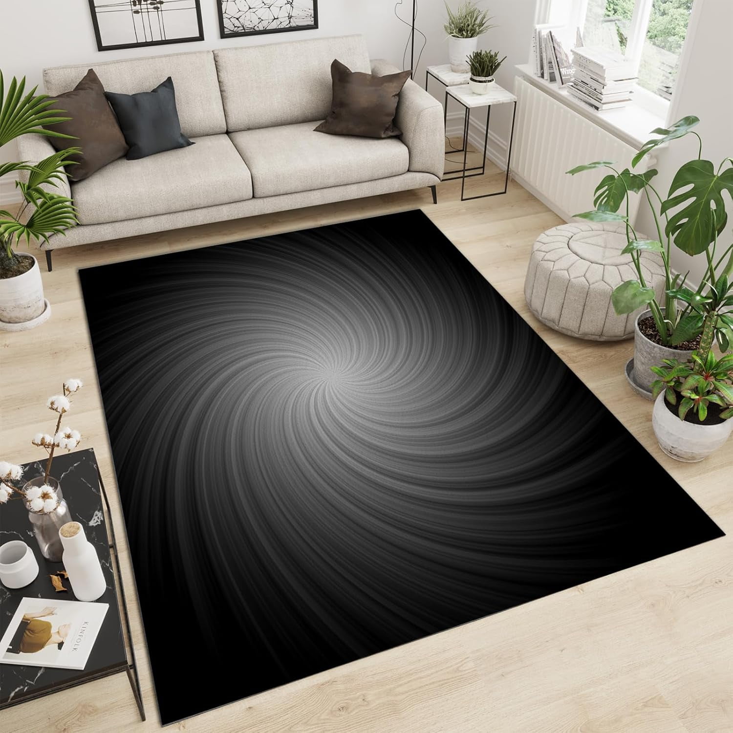 Black White Swirl Area Rug Psychedelic Abstract Lines Breathable ...