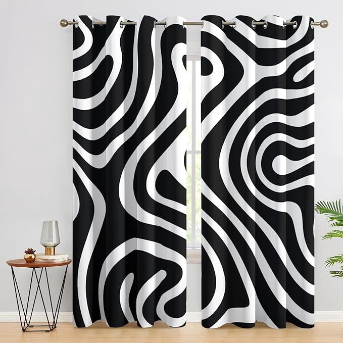 Black and White Swirl Curtains for Bedroom Decor, Modern Abstract ...