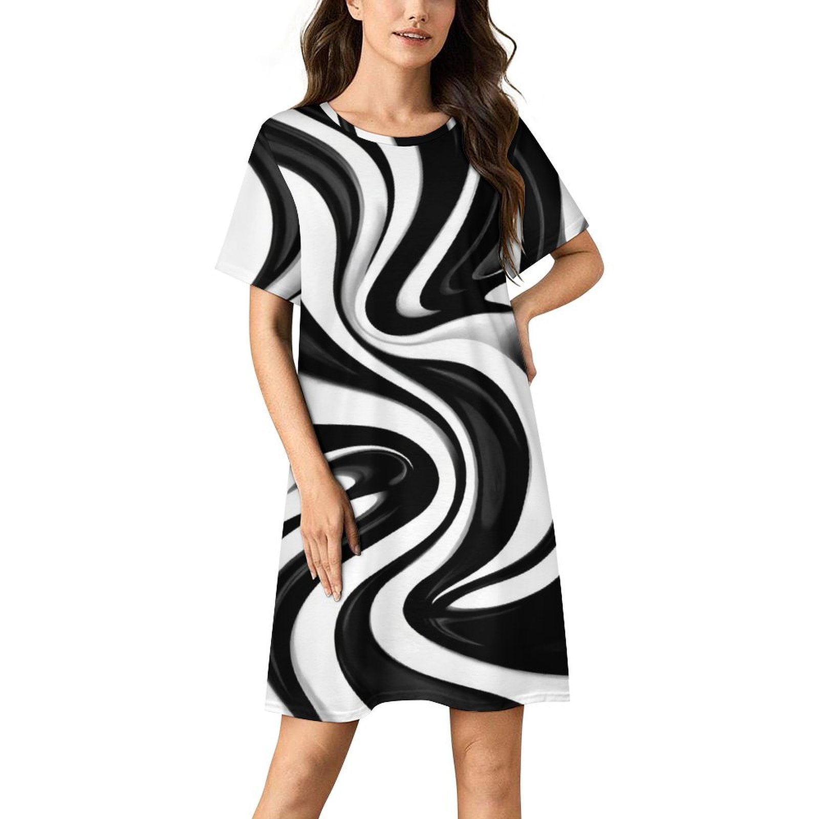 Black White Swirling Abstract Art Women Nightgown Sleepwear Short ...